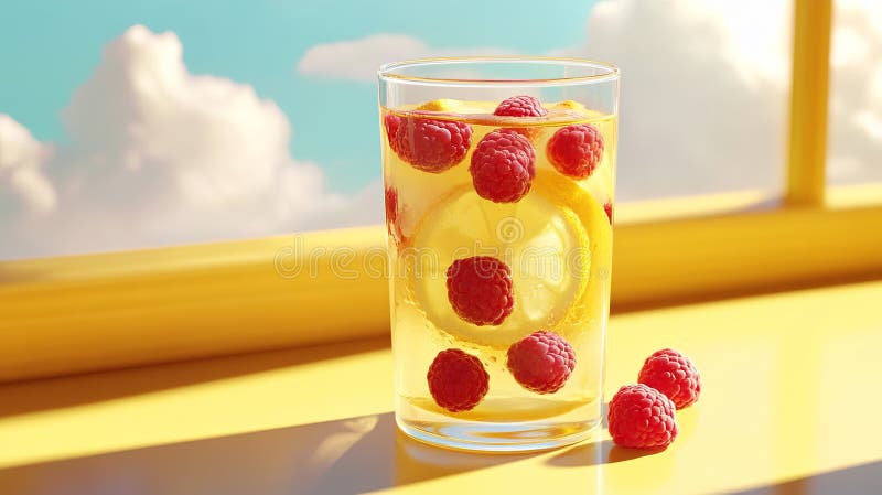 Glass Lemonade Floating Raspberries Bright Summer Terrace Stock Photos ...