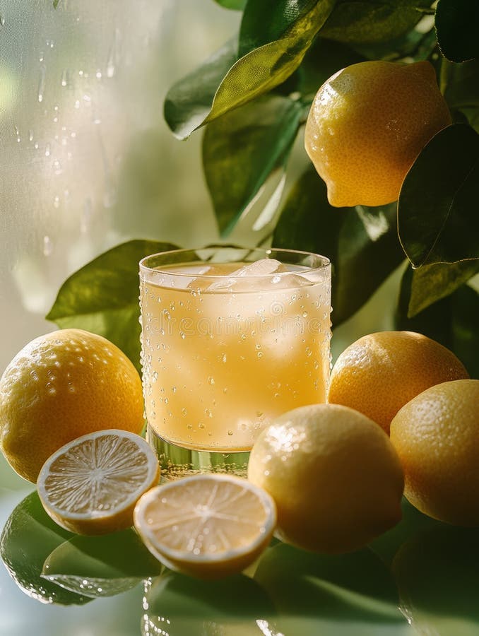 Glass of Lemonade with Lemons and Leaves in Soft Lighting. Stock Photo ...