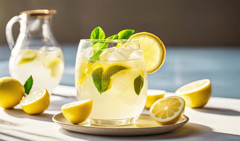 A Glass of Lemonade on a Light Background. Lemon Slices and Ice Pieces ...