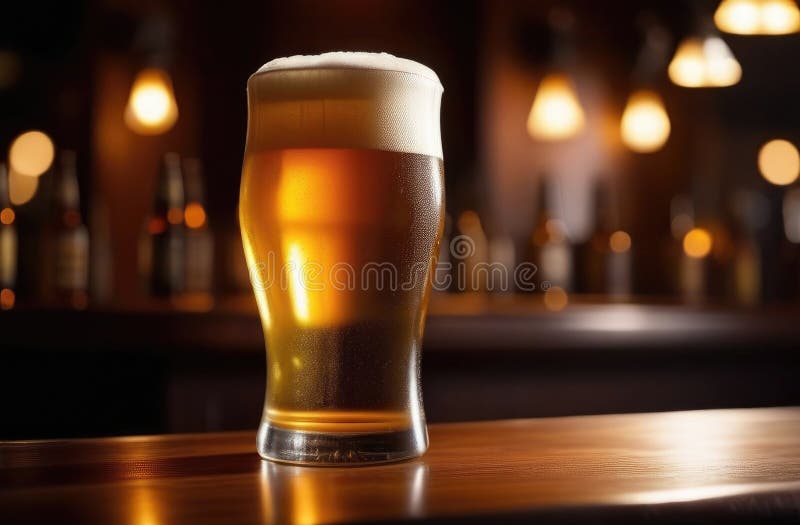 A Glass of Light Beer on the Bar, Dimmed Lights, Beer with Foam, Bar ...