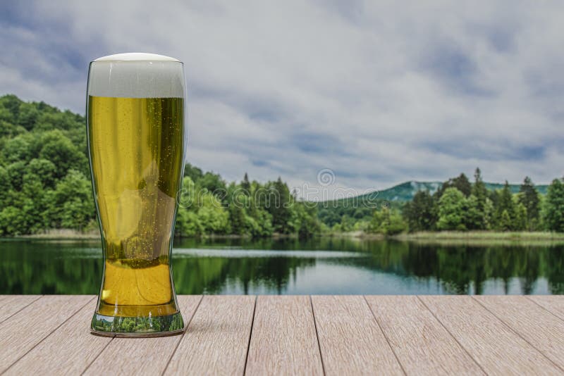 Glass of Light Beer on Table with View of Forest with Lake Stock Photo ...