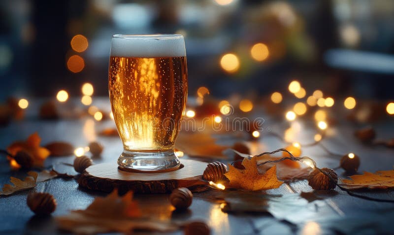 Glass of Light Beer on Wooden Coaster, Glass Acorn String Lights Stock ...