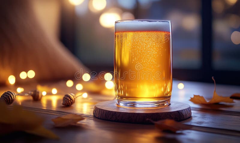 Glass of Light Beer on Wooden Coaster, Glass Acorn String Lights Stock ...