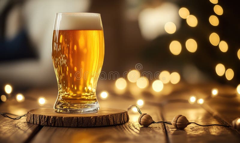 Glass of Light Beer on Wooden Coaster, Garland Lights on Background ...