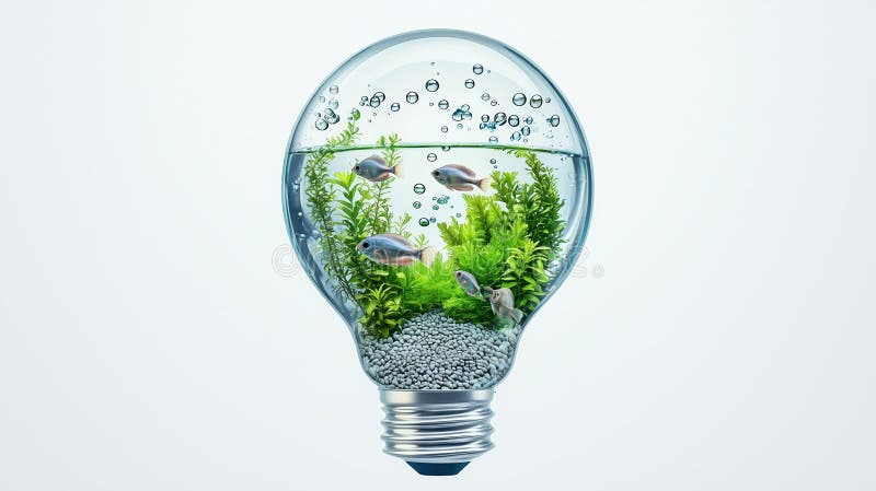 Glass Light Bulb Aquarium Features Tiny Fish and Aquatic Plants in a ...