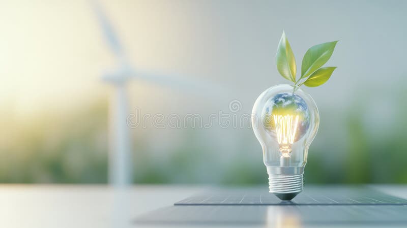 Glass Light Bulb with Earth Inside on Solar Panel with Wind Turbine in ...