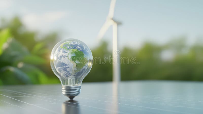 Glass Light Bulb with Earth Inside on Solar Panel with Wind Turbine in ...