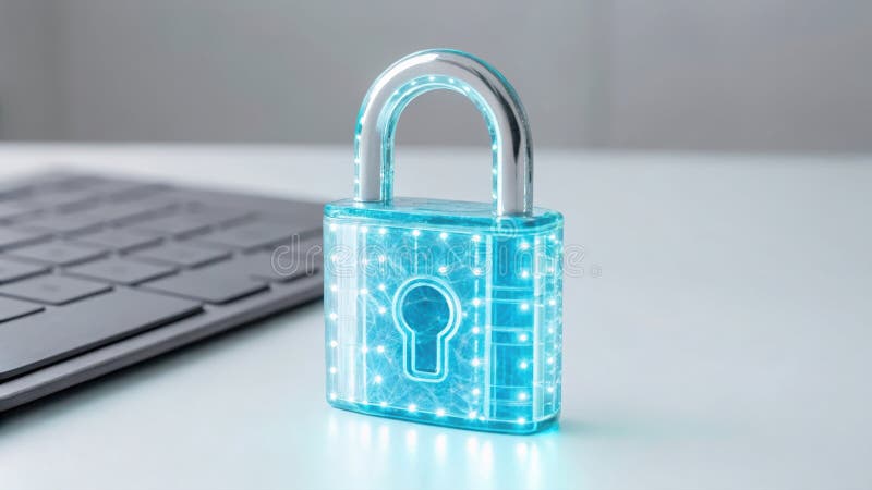 Glass-like Virtual Padlock on a Computer Keyboard Pulsating with ...