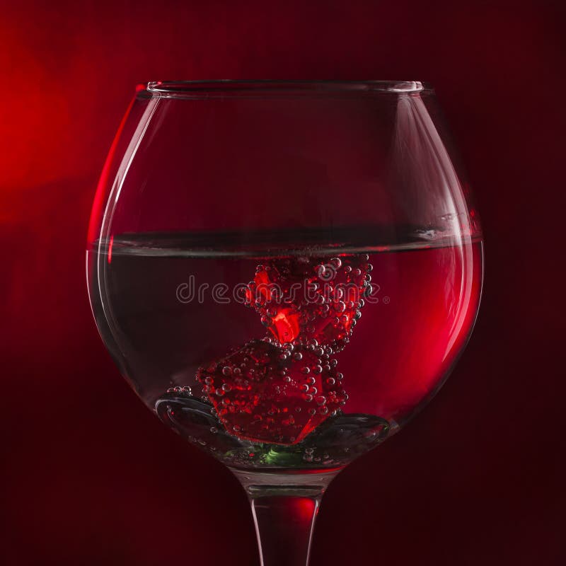 A Glass of Liquid on a Red Background with Red Pieces of Ice. Stock ...