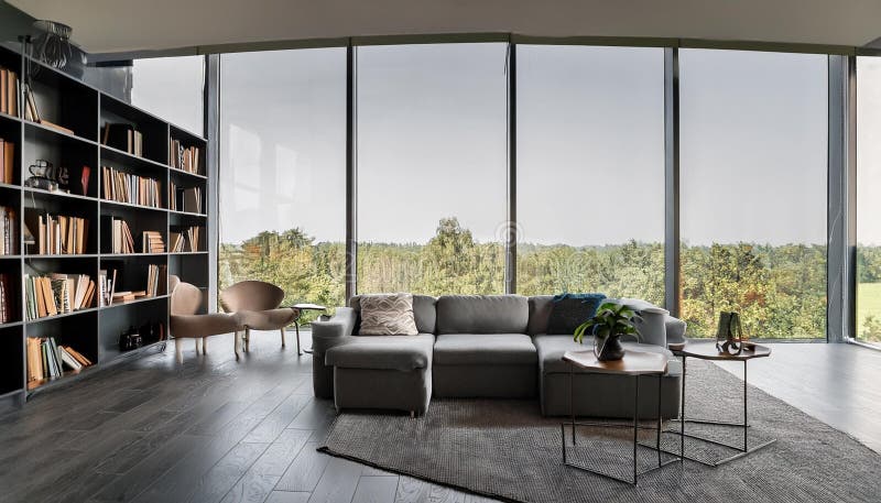 Glass Living Room Interior with Sofa, Bookshelf and Panoramic Window. Mockup Wall Stock ...