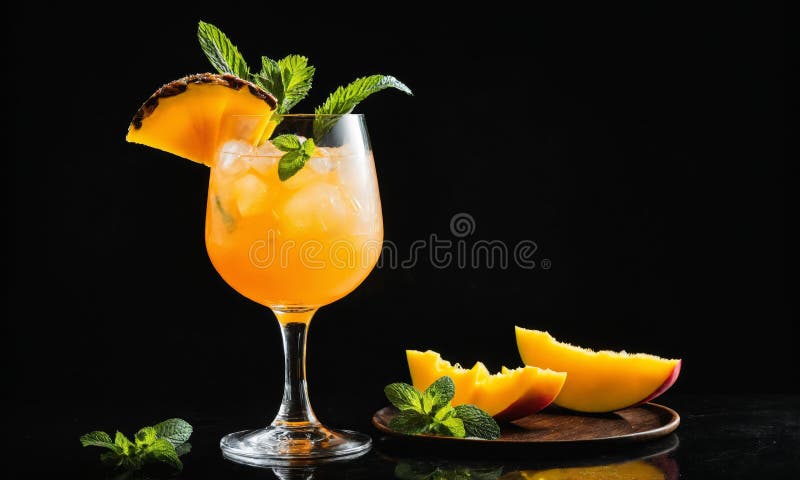 Glass of Mango Cocktail Garnished with Pineapple Slices and Mint Stock ...