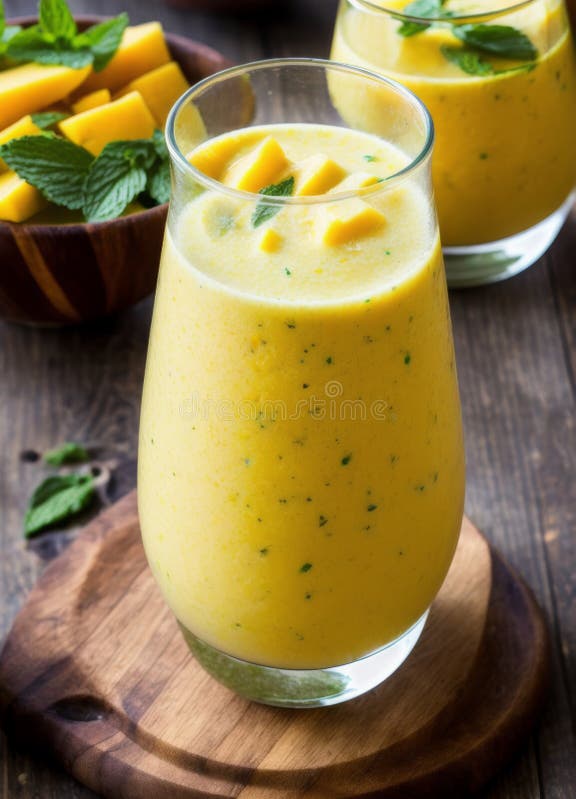 Glass of Mango Lassi Adorned with Mint Leaves and Mango Chunks. AI ...