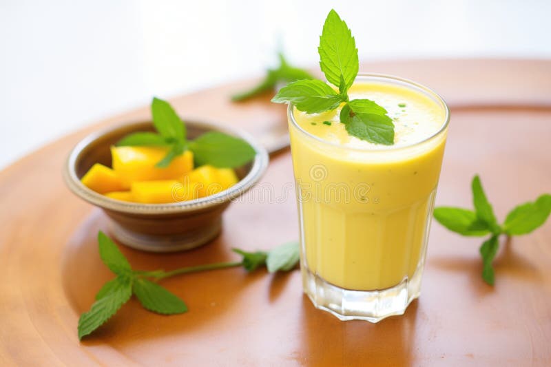 Glass of Mango Lassi Surrounded by Fresh Mangoes and Mint Leaves Stock ...
