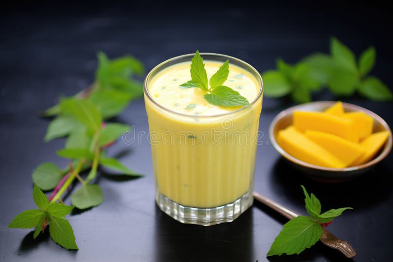 Glass of Mango Lassi Surrounded by Fresh Mangoes and Mint Leaves Stock ...