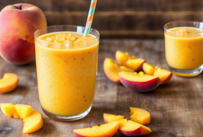 Glass of Mango Peach Smoothie with Mango Chunks, Peach Slices, and Ice ...