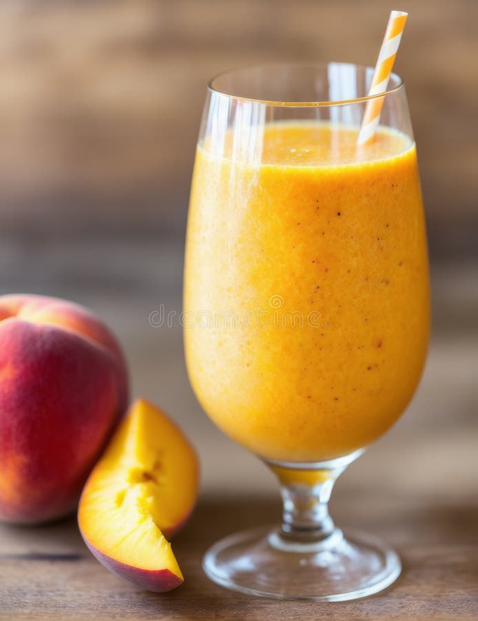 Glass of Mango Peach Smoothie with Mango Chunks, Peach Slices, and Ice ...