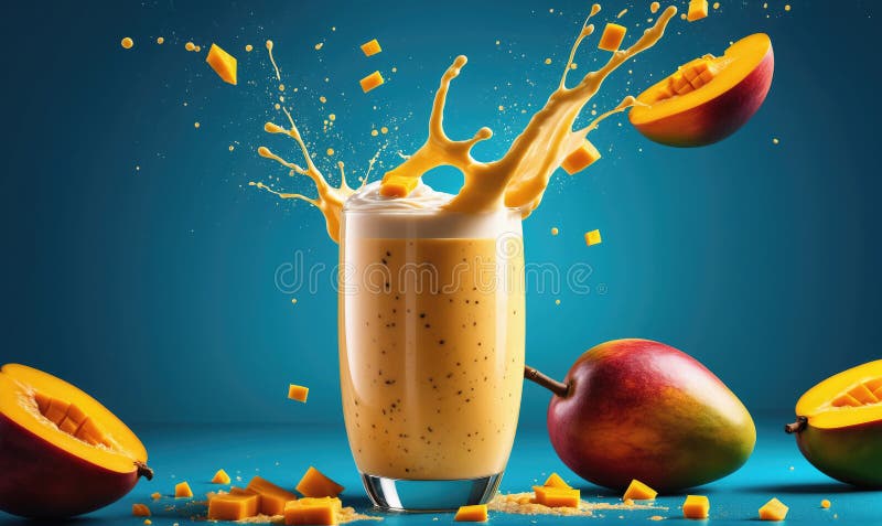 A Glass of Mango Smoothie with a Splash of Mango Chunks and a Whole ...