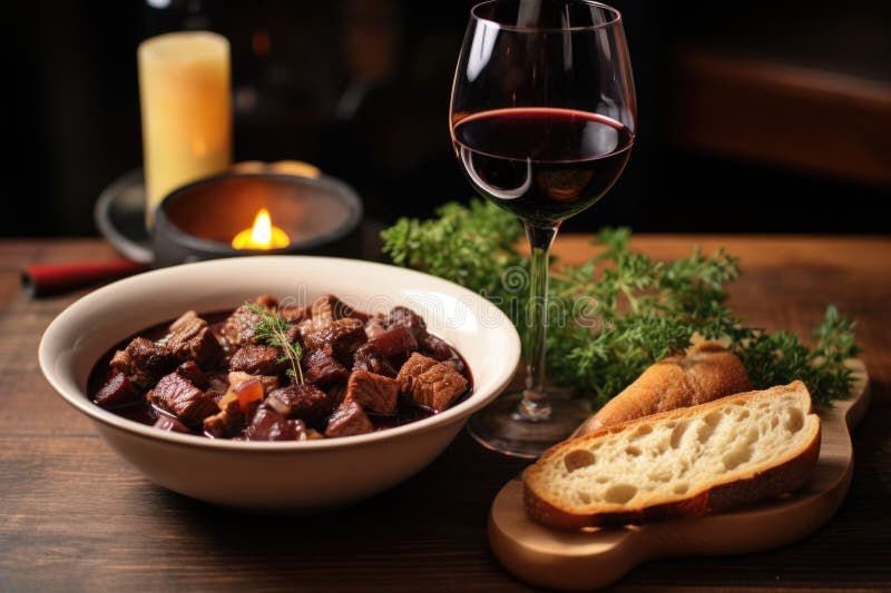 A Glass of Merlot Wine Next To a Beef Stew Dish Stock Photo - Image of ...
