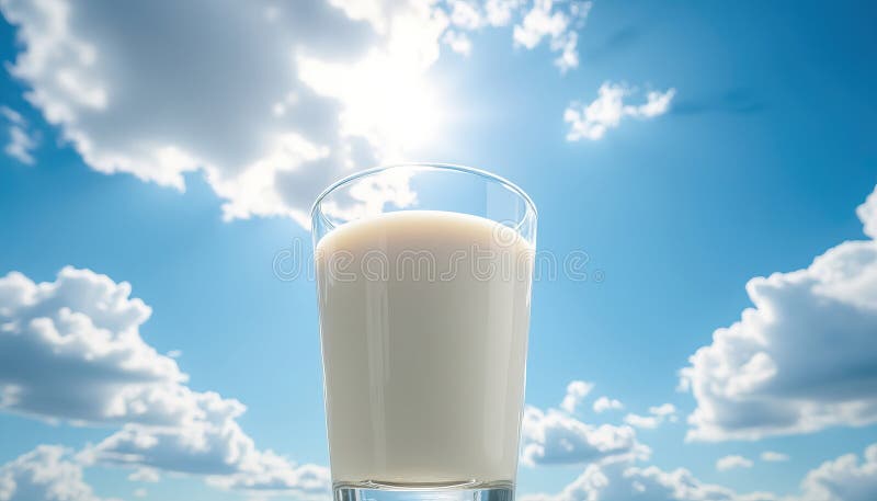 Glass of Milk Against a Sunny Sky with Fluffy Clouds Stock Image ...