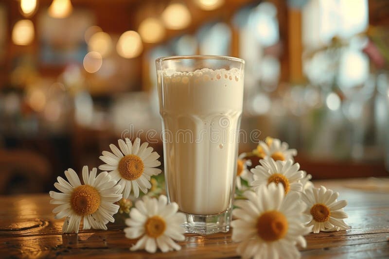 A Glass of Milk in a Chamomile Field. World Milk Day Stock Photo ...