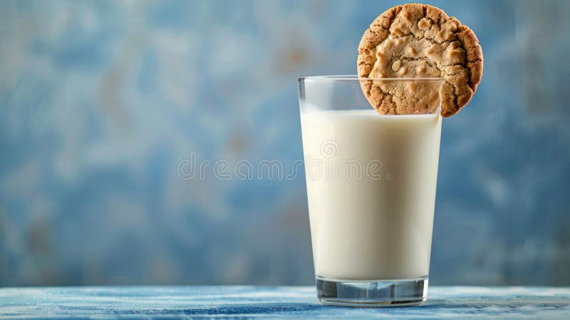 A Glass of Milk with a Cookie Balanced on the Rim, Showcasing Stock ...
