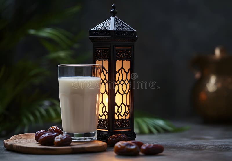 Ramadan Feast: Milk, Dates, and Lantern Stock Illustration ...