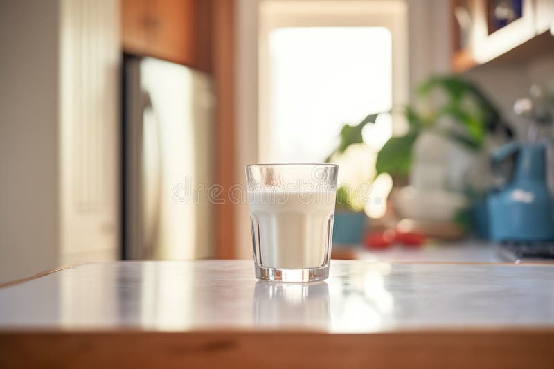 Glass of Milk on Kitchen Counter with Morning Light Stock Photo - Image ...