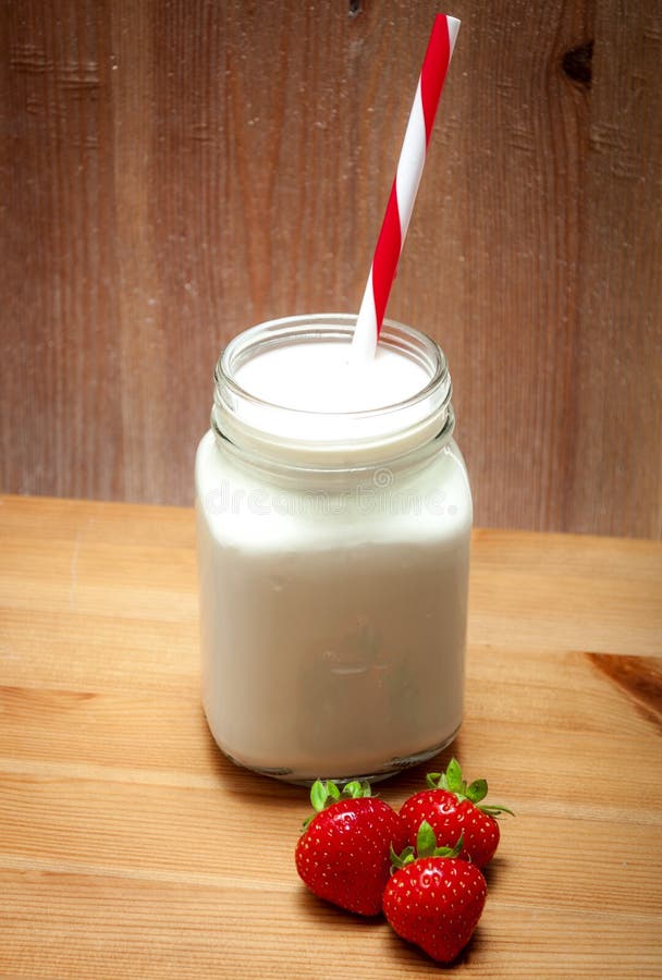 Milk With Straw And Strawberries Stock Image Image Of Blue Tasty 19114823
