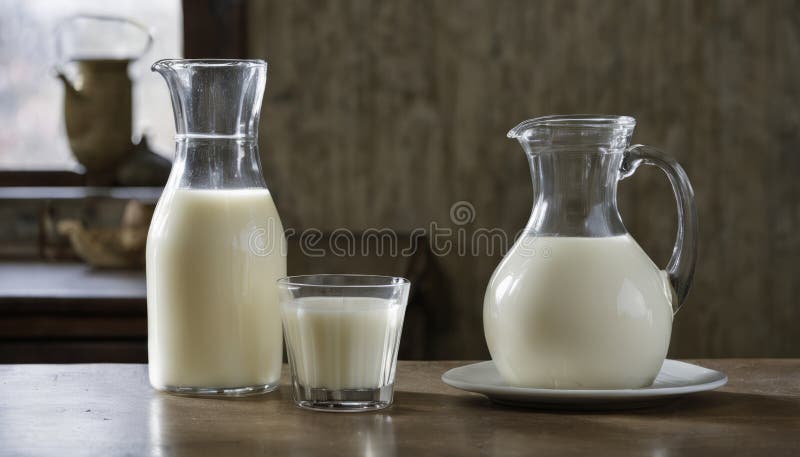 A Glass of Milk and Two Pitchers of Milk on a Table Stock Illustration ...