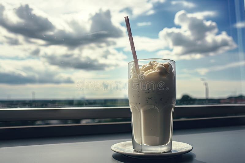 Glass of Milkshake with Straw and View of Cloudy Sky Stock Illustration ...