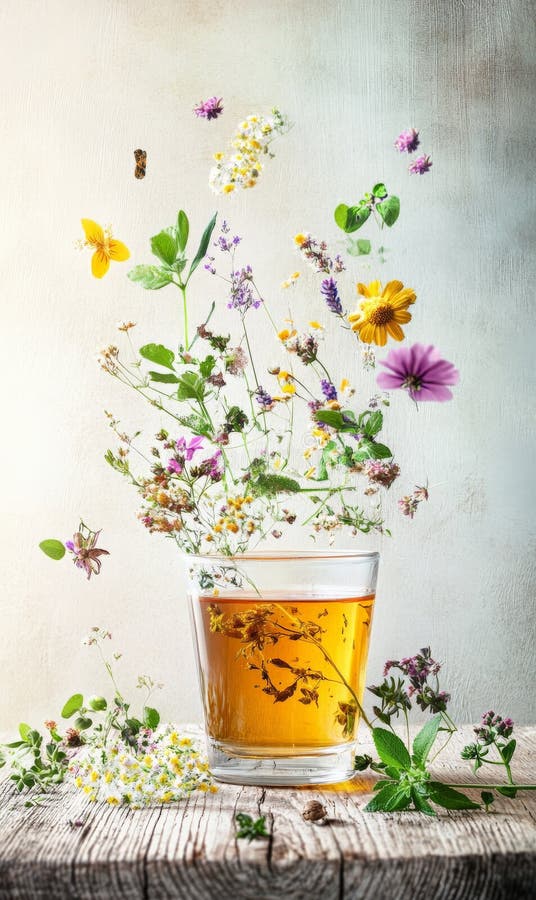 Glass Mug of Herbal Tea with Levitating Herbs on a Rustic Background ...