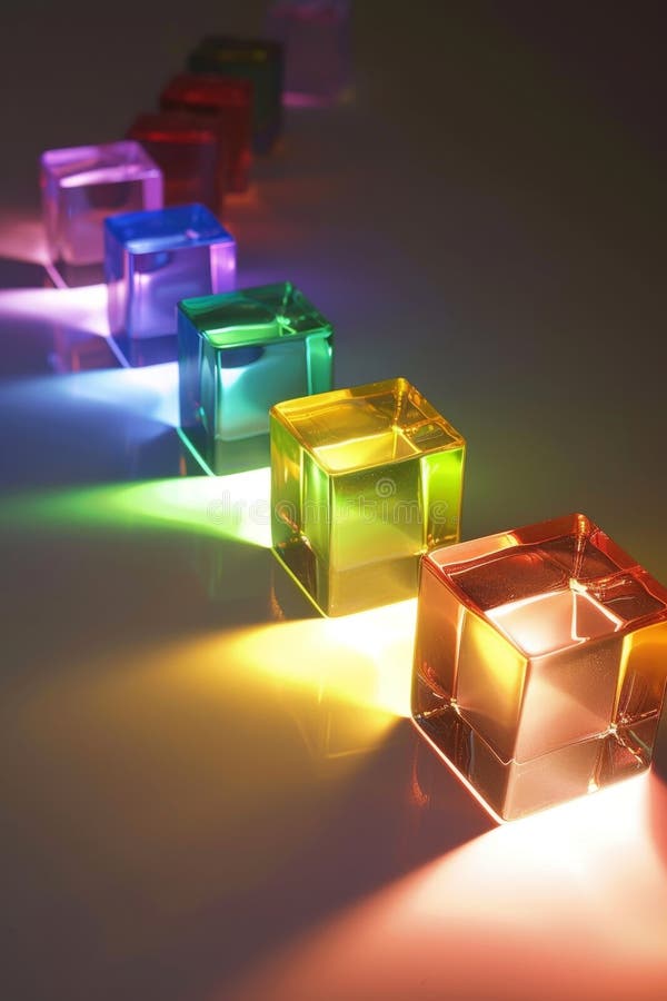Glass Multi-colored Cubes Arranged in a Line on a Black Background ...