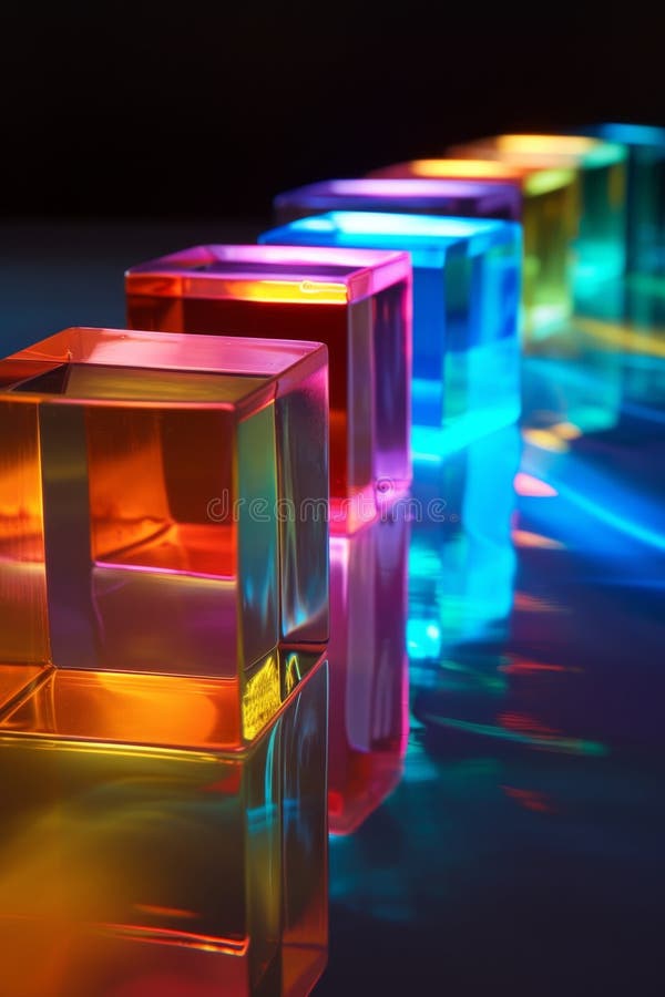 Glass Multi-colored Cubes Arranged in a Line on a Black Background ...