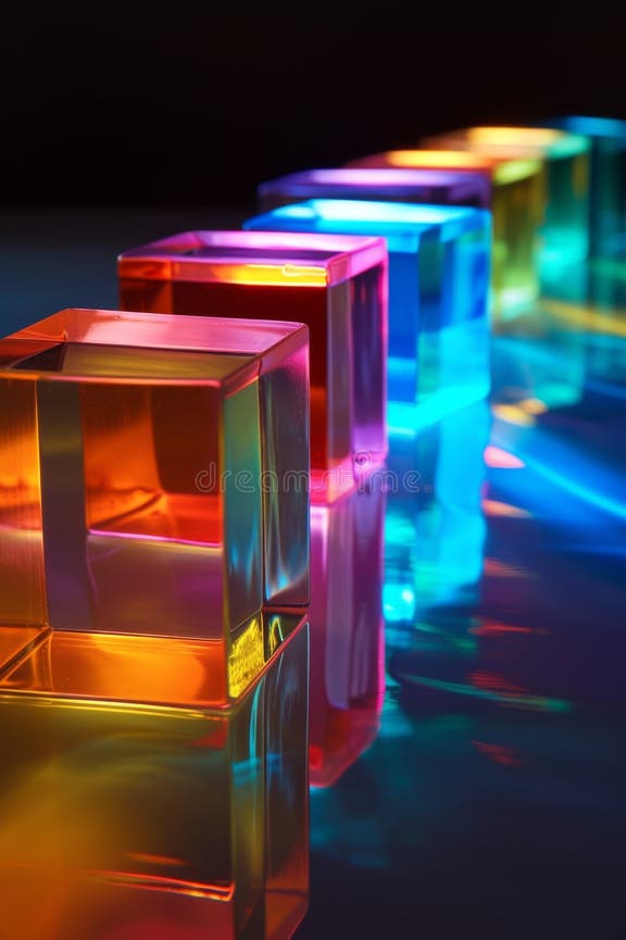 Glass Multi-colored Cubes Arranged in a Line on a Black Background ...