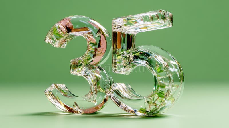 Glass Number 35 with Floral Reflections on Green Background Stock ...