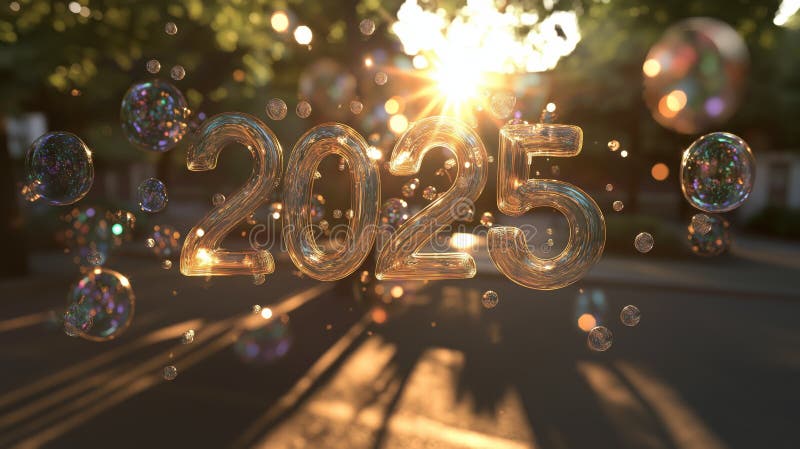 Glass 2025 Numbers with Floating Bubbles and Sunlight Outdoors Stock ...