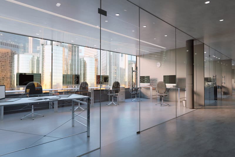 Glass Office Room Wall Mockup - 3d Rendering Stock Illustration ...