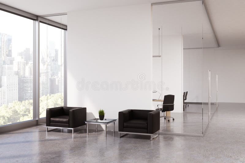 Glass Office Waiting Area with Beige Armchair and Ottoman Stock ...