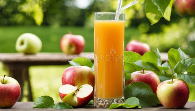 A Glass of Orange Juice with Apples in the Background Stock ...