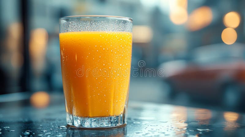 A Glass of Orange Juice with Droplets on a Shiny Surface. Stock Image ...