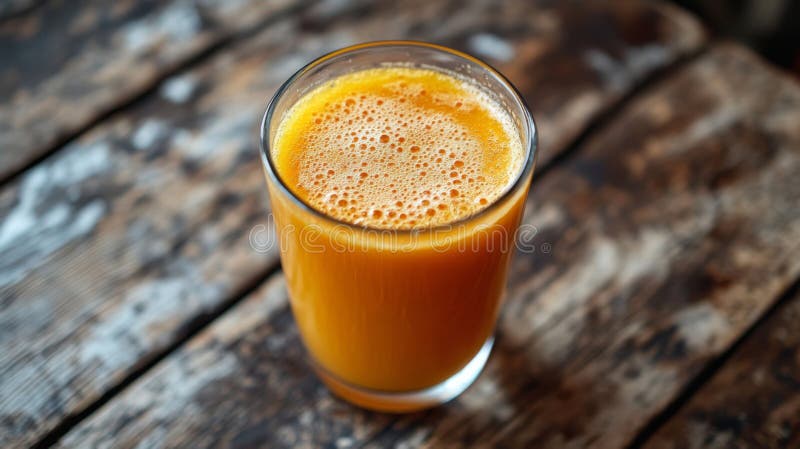 Glass of Orange Juice with Foam on Wooden Table Stock Illustration ...
