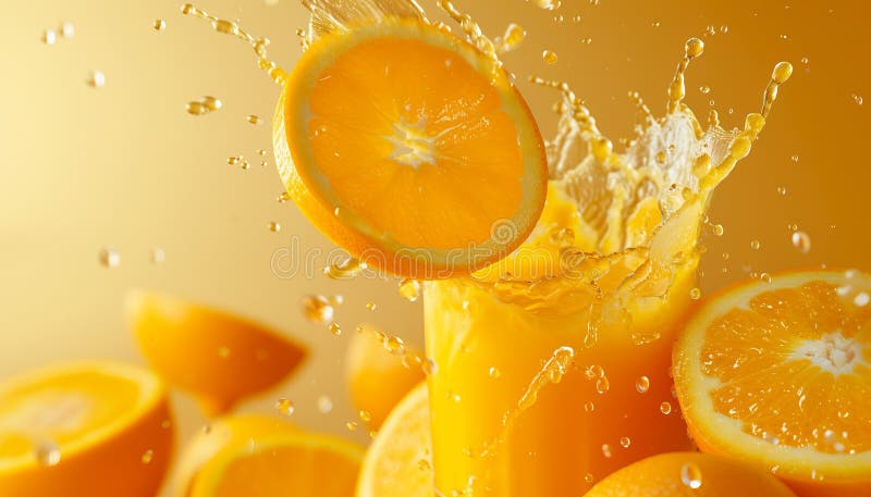 Glass of Orange Juice Splash, Sliced Orange. Stock Illustration ...