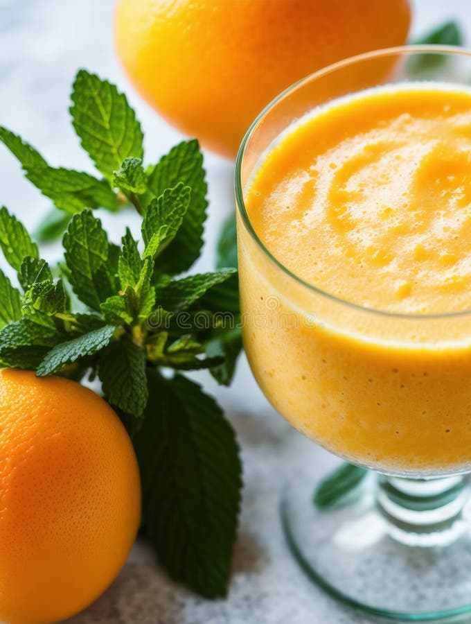 Glass of Orange Mango Smoothie with Mango Chunks, Orange Slices, and a ...