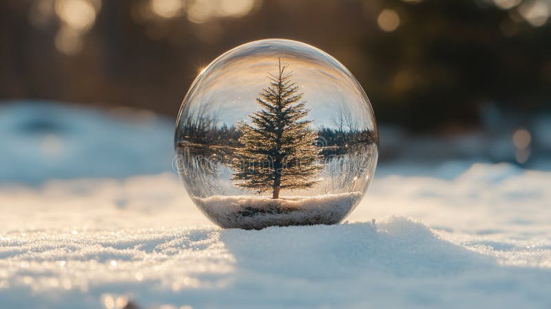 Snowy Landscape Featuring a Miniature Tree within a Glass Orb at Sunset ...