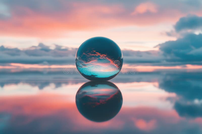 Reflection of a Vibrant Sunset Captured in a Glass Orb on a Tranquil ...