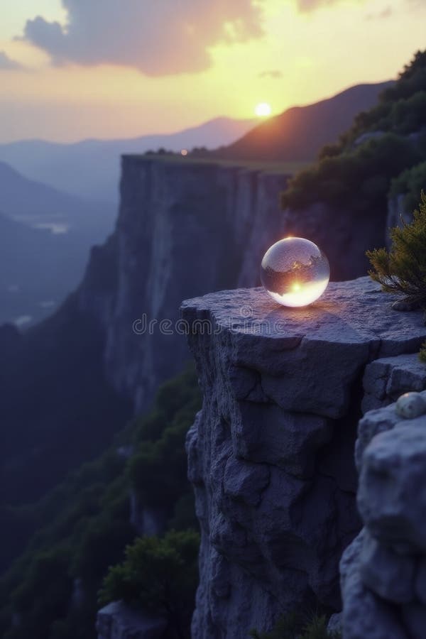 Glass Orb Shines with a Warm Glow on an Undulating Blue Cliff ...