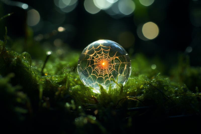 A Glass Orb with a Spider Web in the Middle of the Grass Stock ...