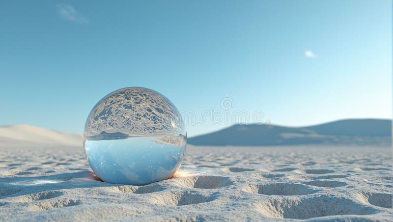Glass Orb in Surreal Desert Mirroring Sky and Dunes Softly Glowing ...