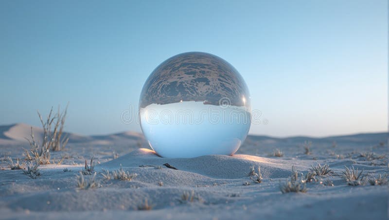 Glass Orb in Surreal Desert Mirroring Sky and Dunes Softly Glowing ...