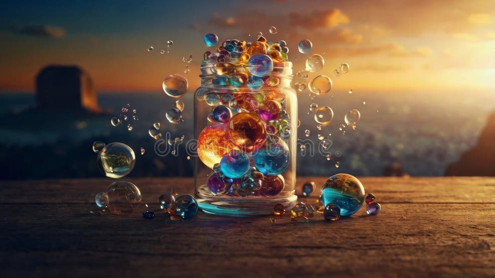 Glass Orbs Overflow from a Jar at Sunset Stock Illustration ...